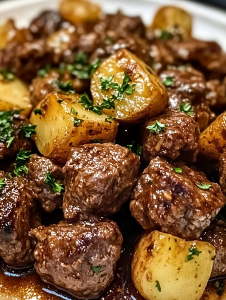 Slow Cooker Garlic Butter Beef Bites & Potatoes