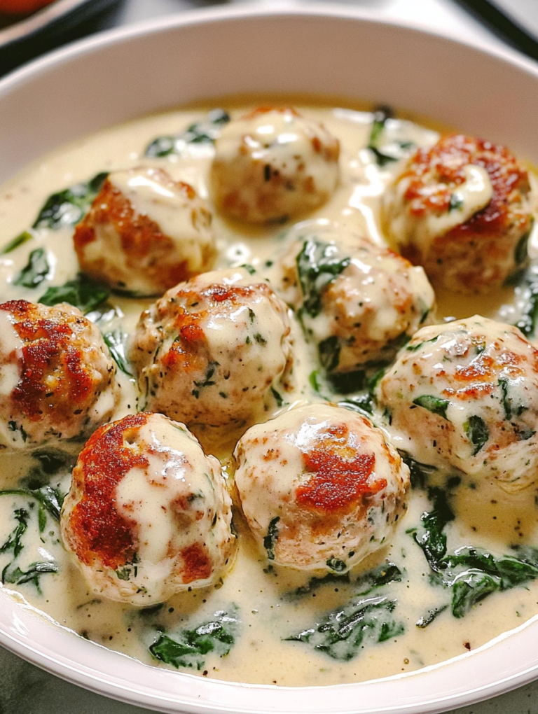 Baked Chicken Ricotta Meatballs with Spinach Alfredo
