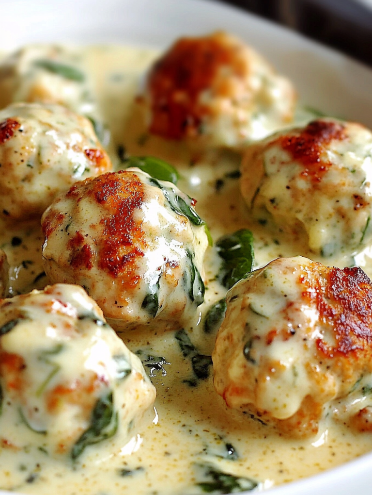 Baked Chicken Ricotta Meatballs with Spinach Alfredo