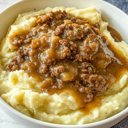 Ground Beef and Gravy Over Mashed Potatoes