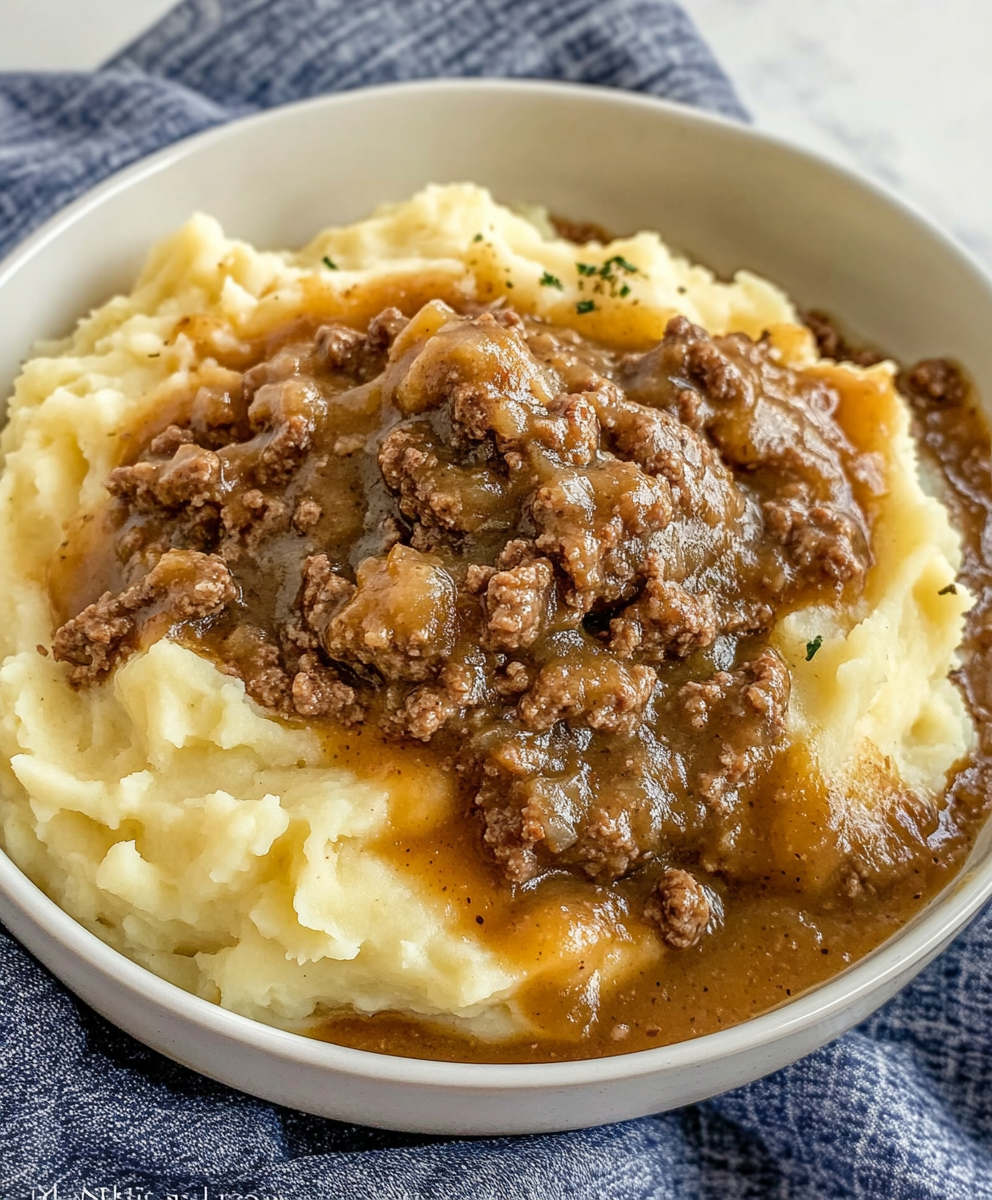 Ground Beef and Gravy Over Mashed Potatoes