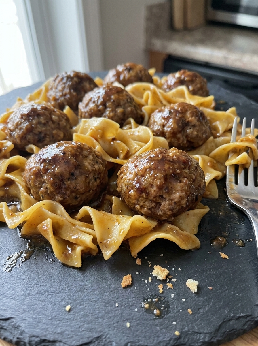 4-Ingredient Slow Cooker Meatball Noodles
